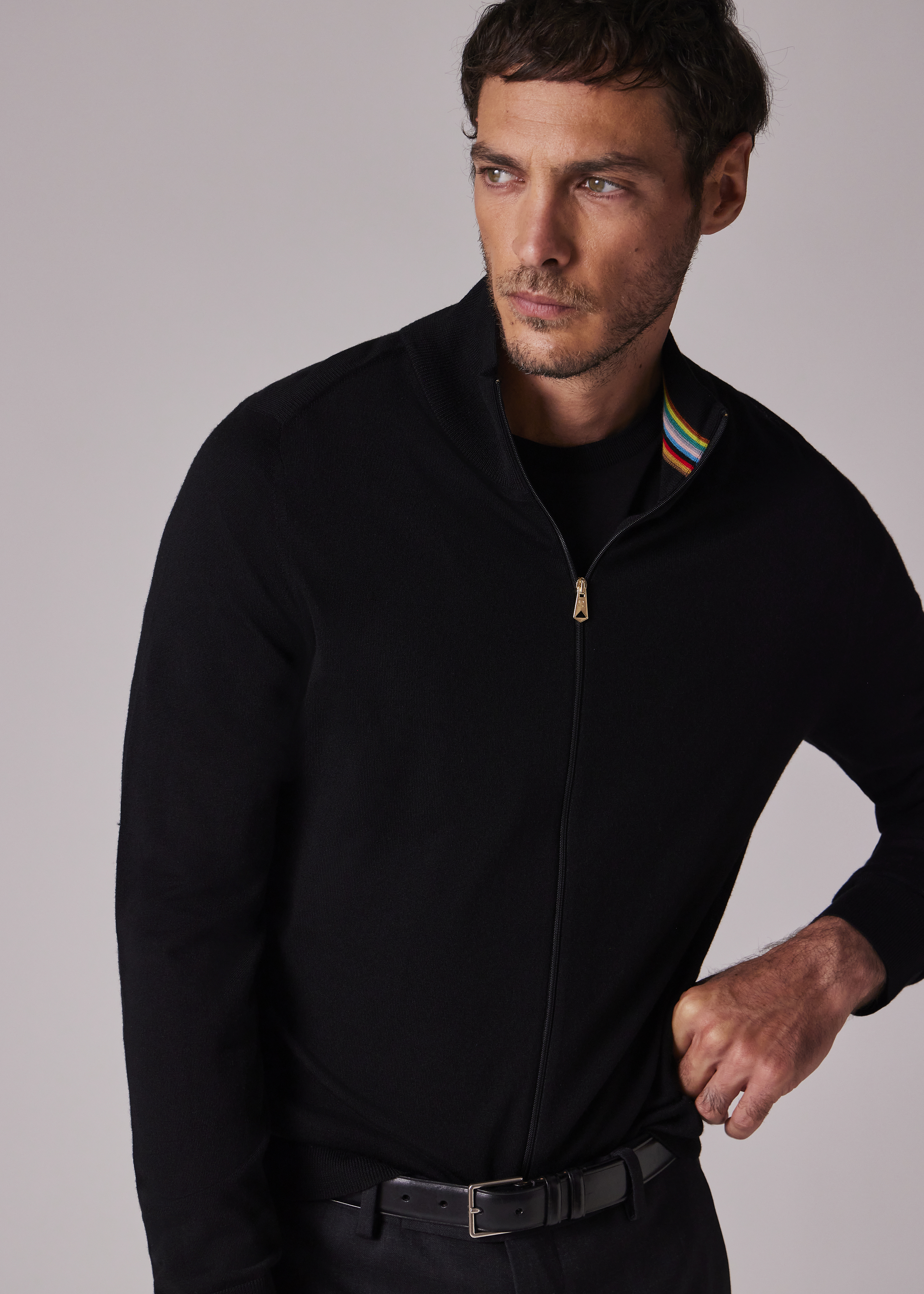 Men's Black Merino Wool Full Zip Cardigan