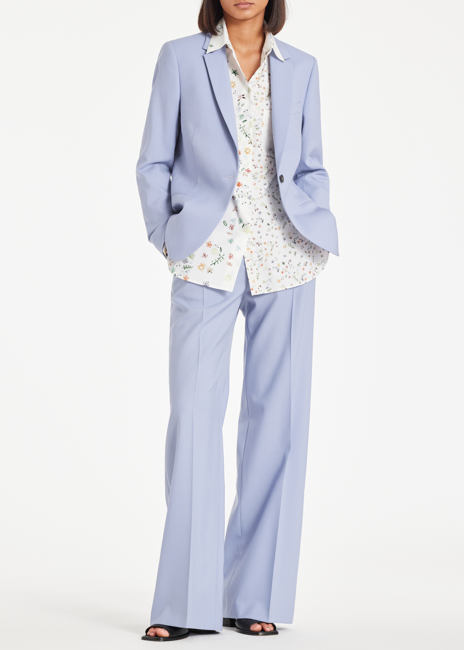 Women's Pale Blue Hopsack Wool Wide Leg Suit