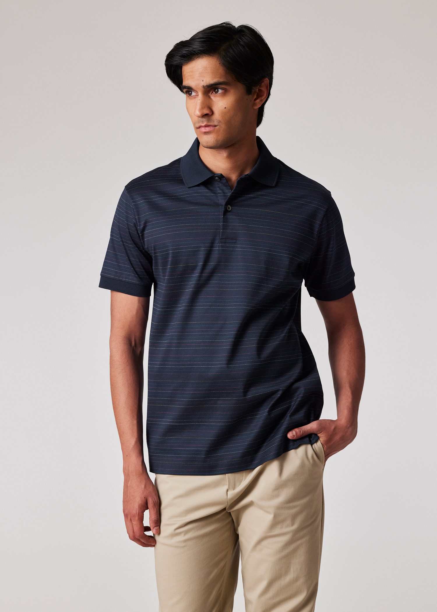 Dark Navy Dot-Stripe Cotton Polo Shirt - Great Gifts Club