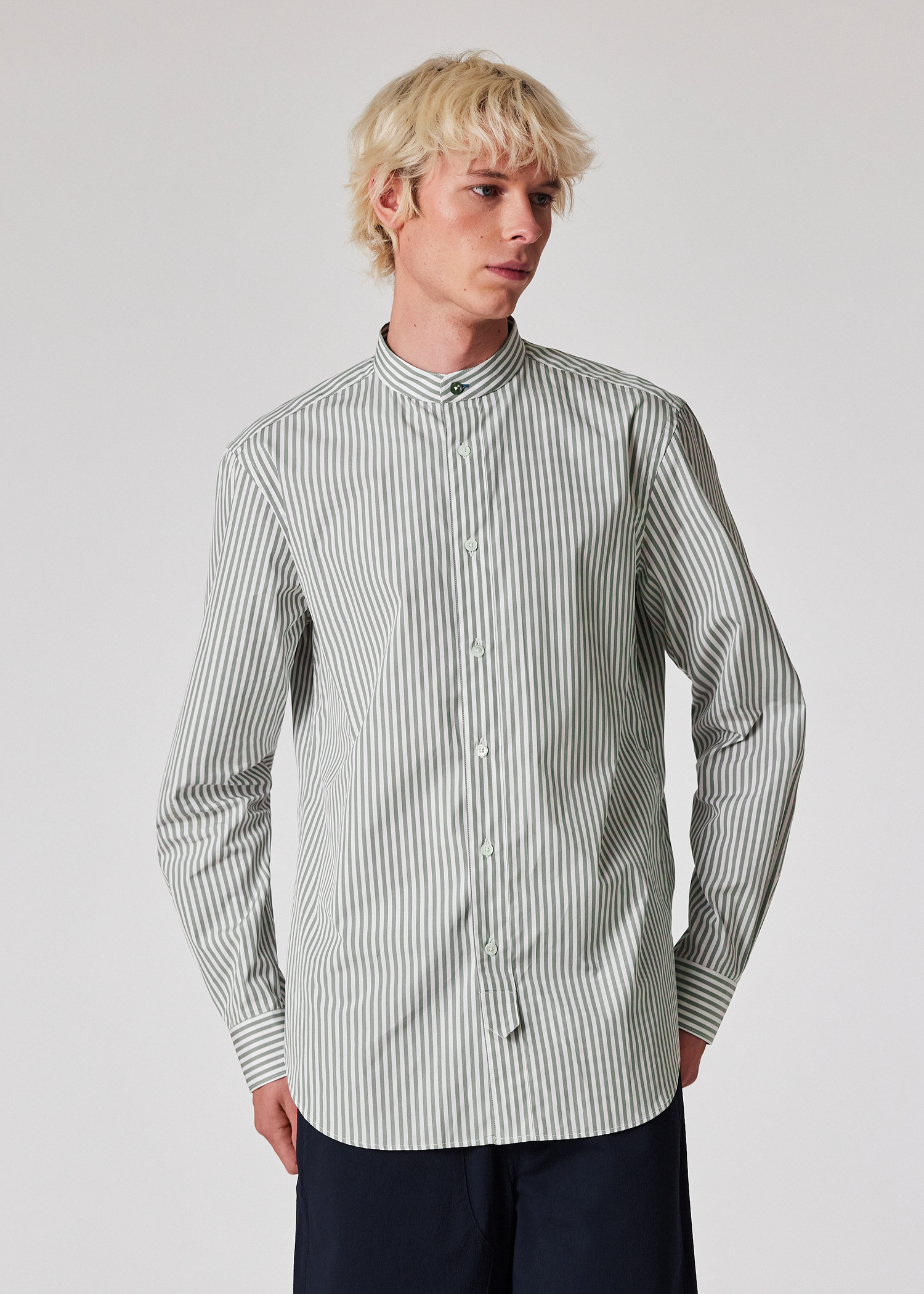 Men's Green Stripe Stand-Collar Shirt