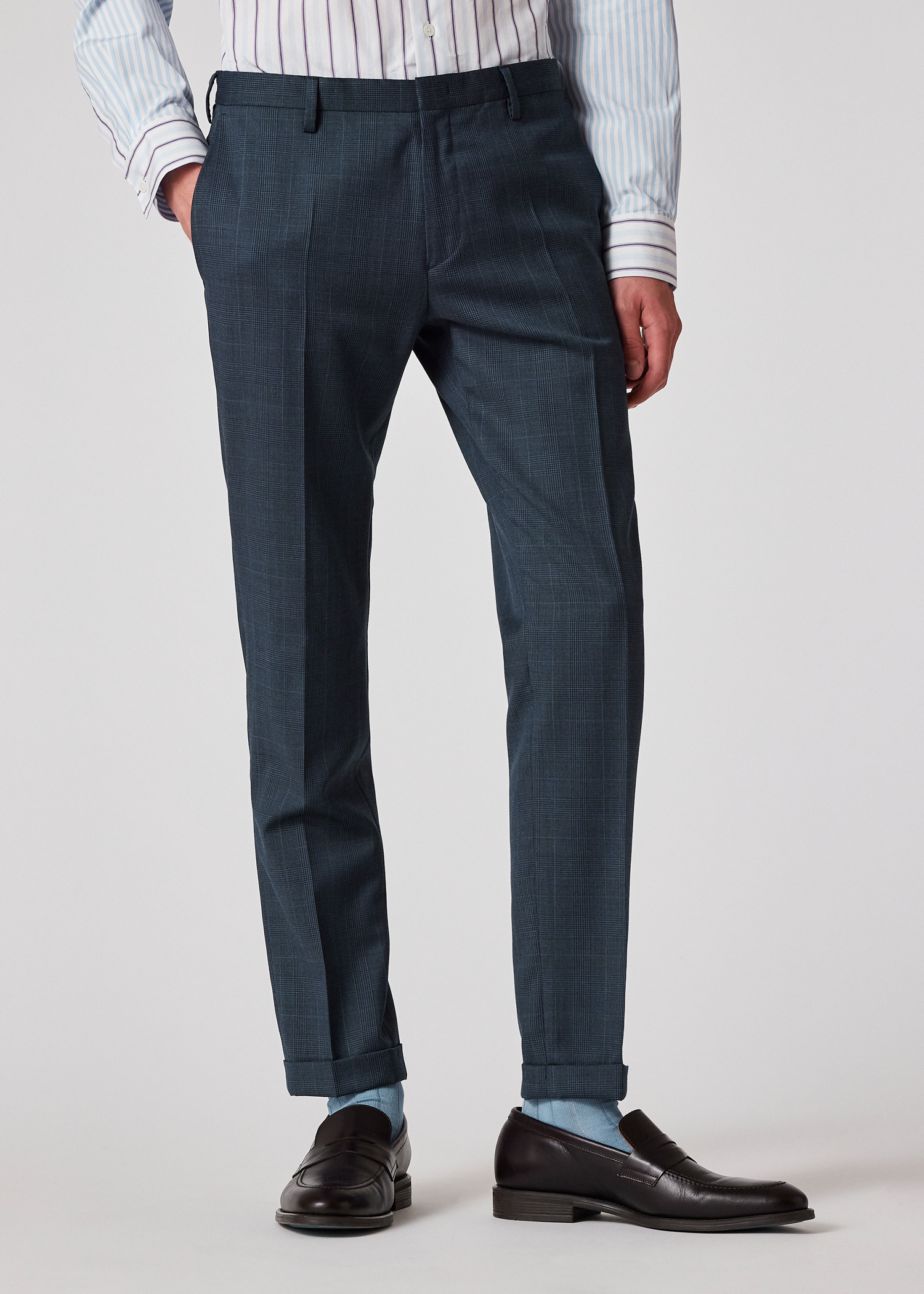 Men's Slim-Fit Slate Blue Check Wool Trousers