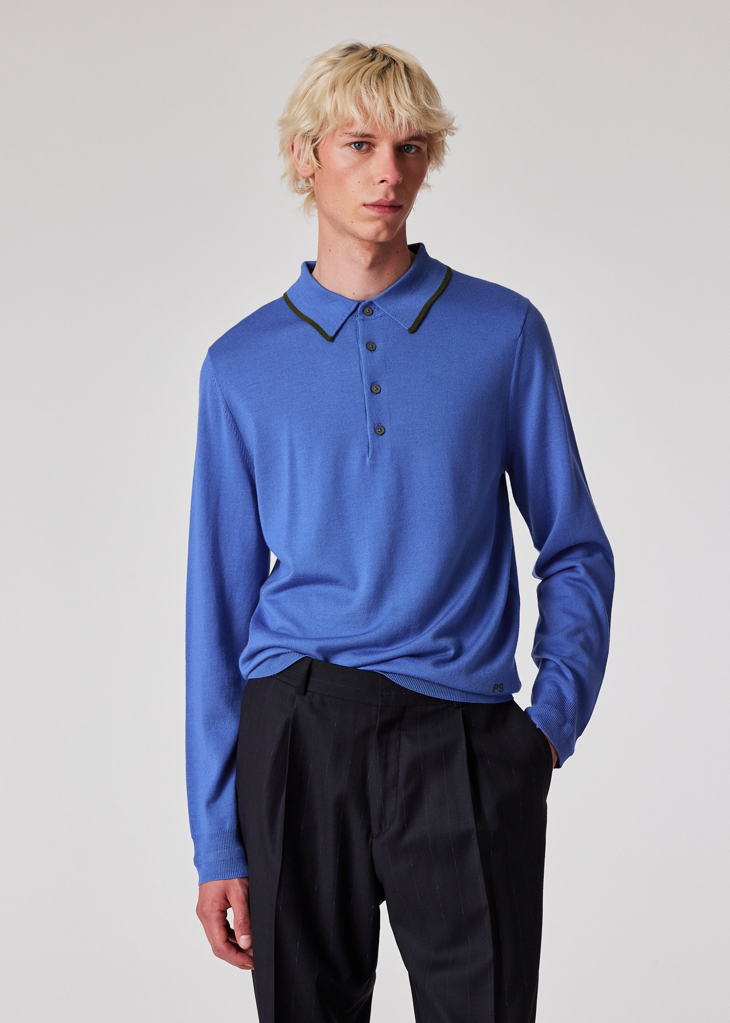 Men's Powder Blue Merino Wool Polo Sweater
