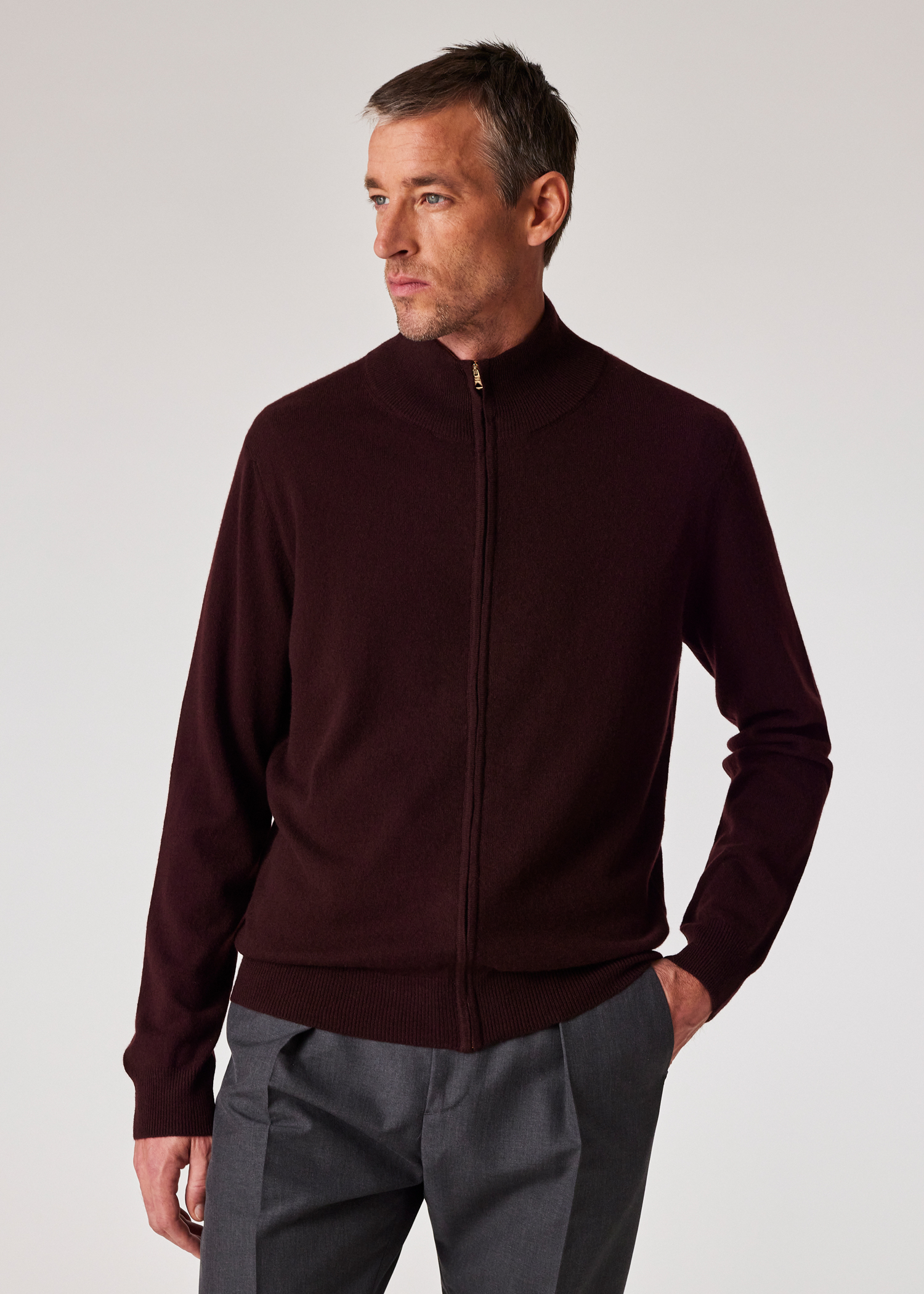 Men's Burgundy Cashmere Full-Zip Cardigan