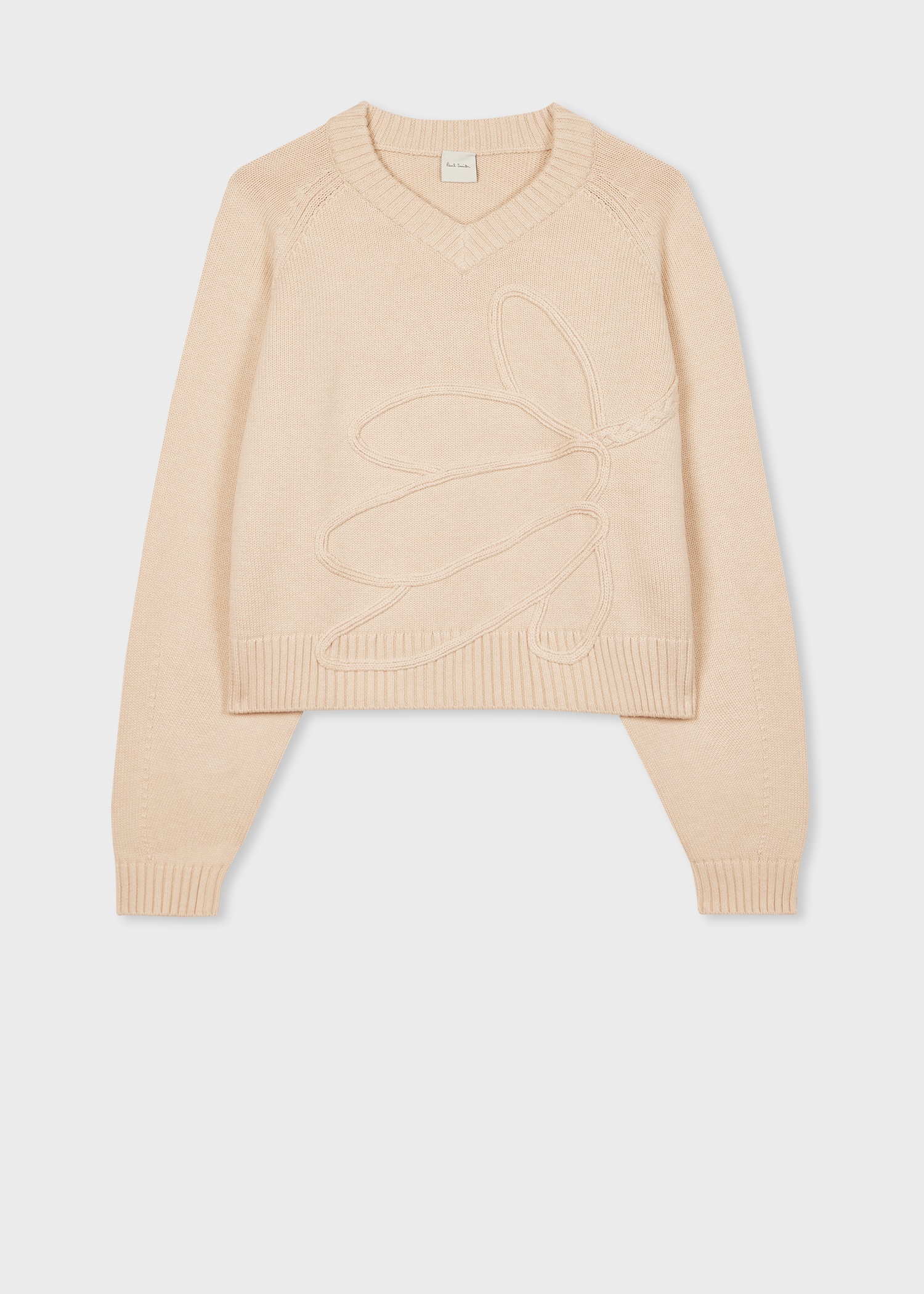 Women's Ivory Raised Stem Stitch Knitted V-Neck Sweater
