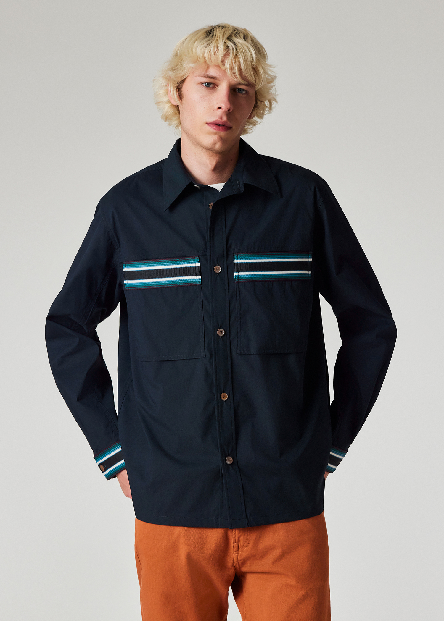 Men's Navy Cotton-Blend Overshirt with Stripe Tape