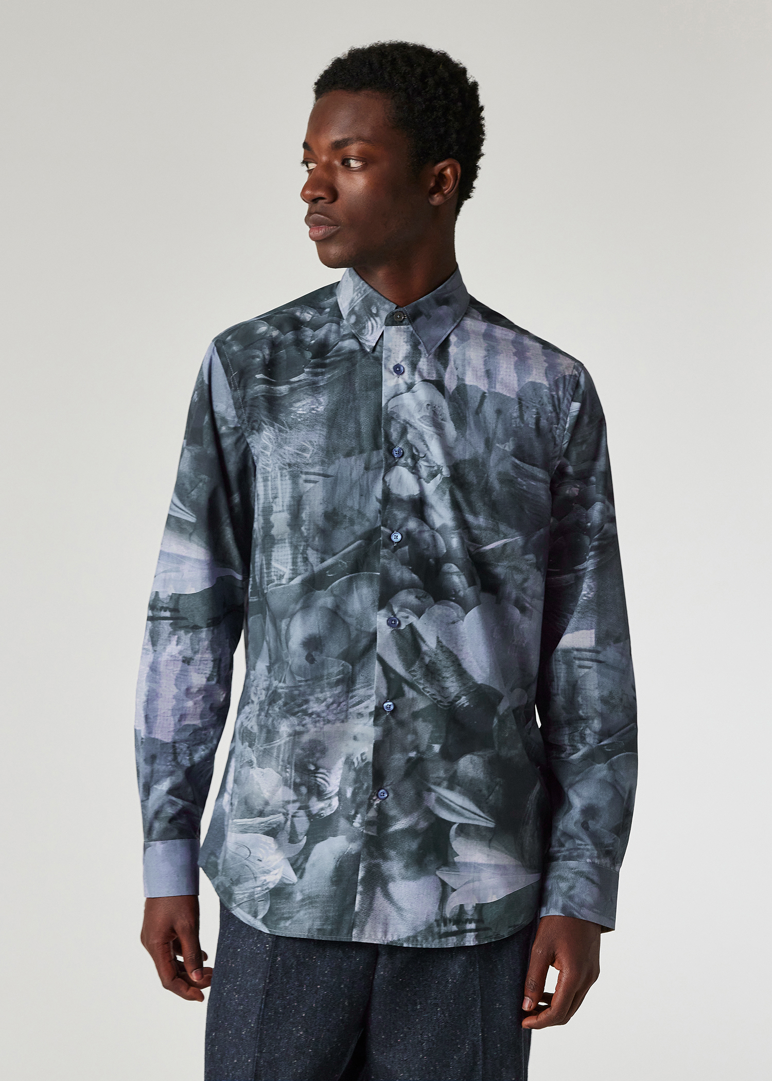 Men's Blue Photo Print Cotton Shirt