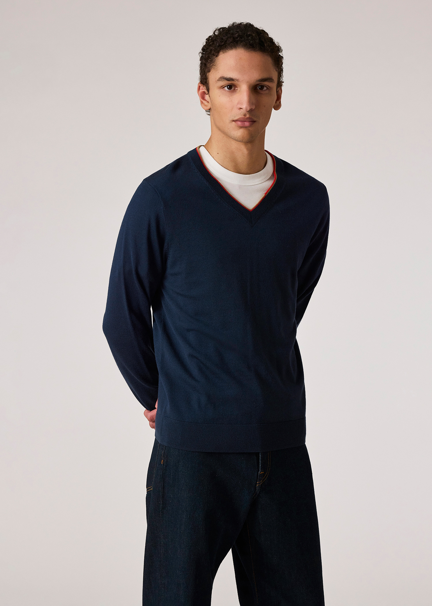 Men's Mid Blue Merino Wool V-Neck Sweater
