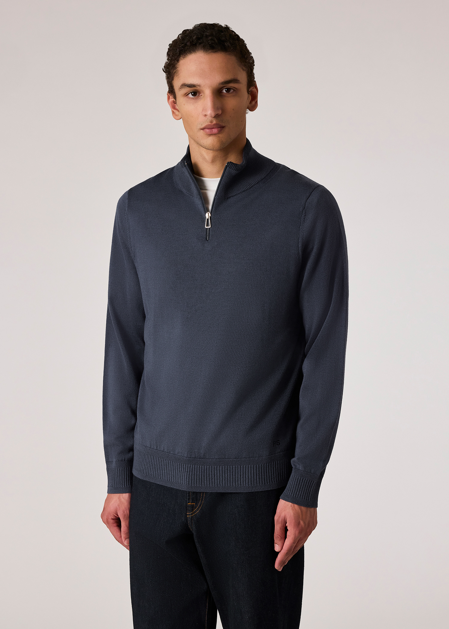 Men's Washed Blue Merino Wool Half-Zip Sweater