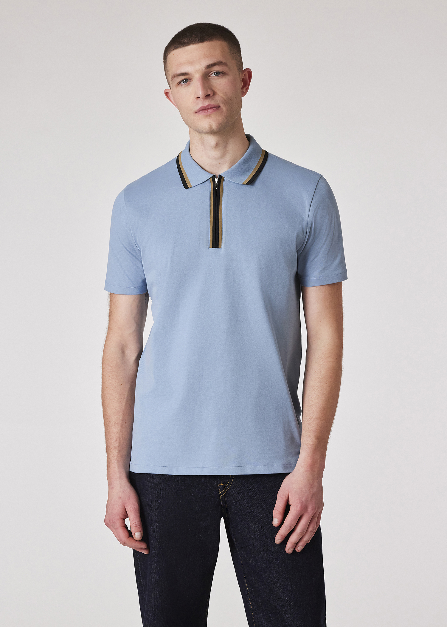 Pale Blue Zip-Neck Polo Shirt With Contrast Tipping Paul Smith