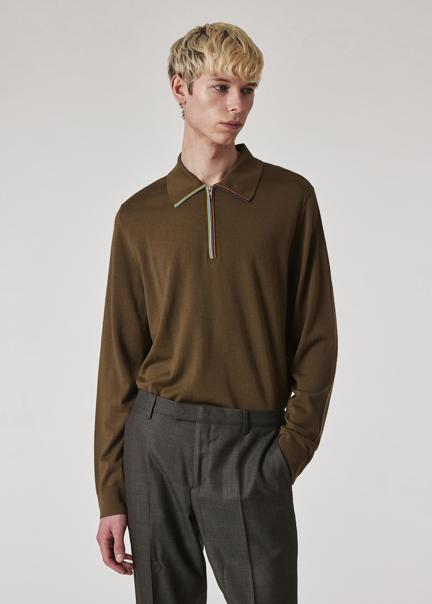 Men's Dark Khaki 'Signature Stripe' Zip Trim Washable Merino Wool Polo ...