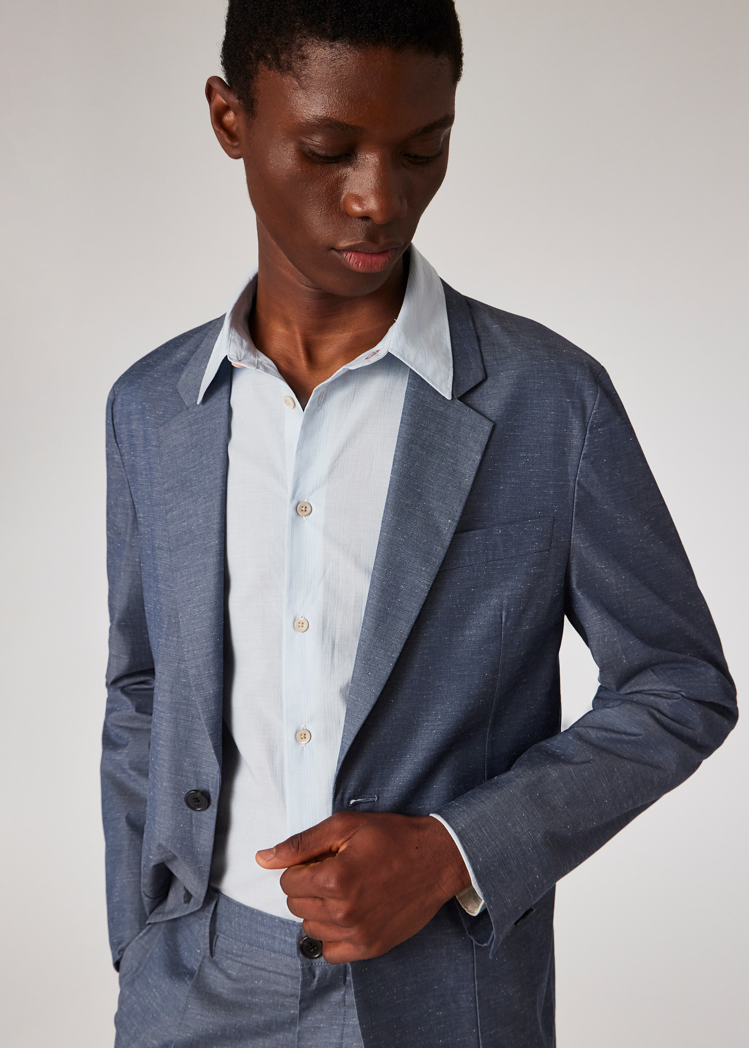 Men's Light Blue Slub Cotton-Blend Unlined Blazer