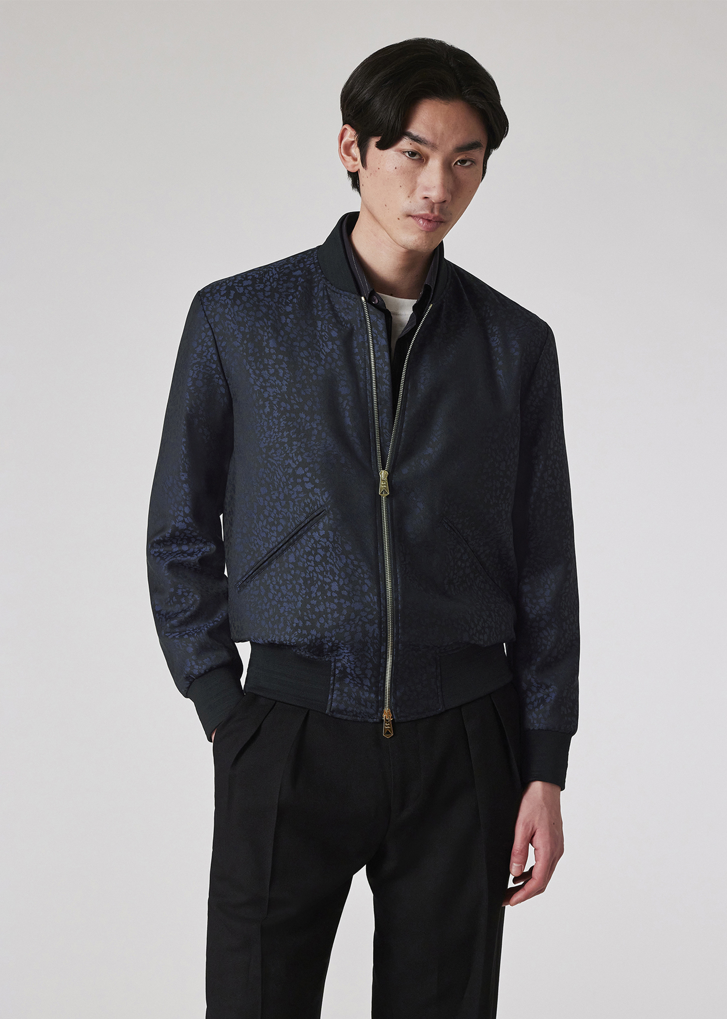 Men's Navy Leopard Jacquard Wool Bomber Jacket