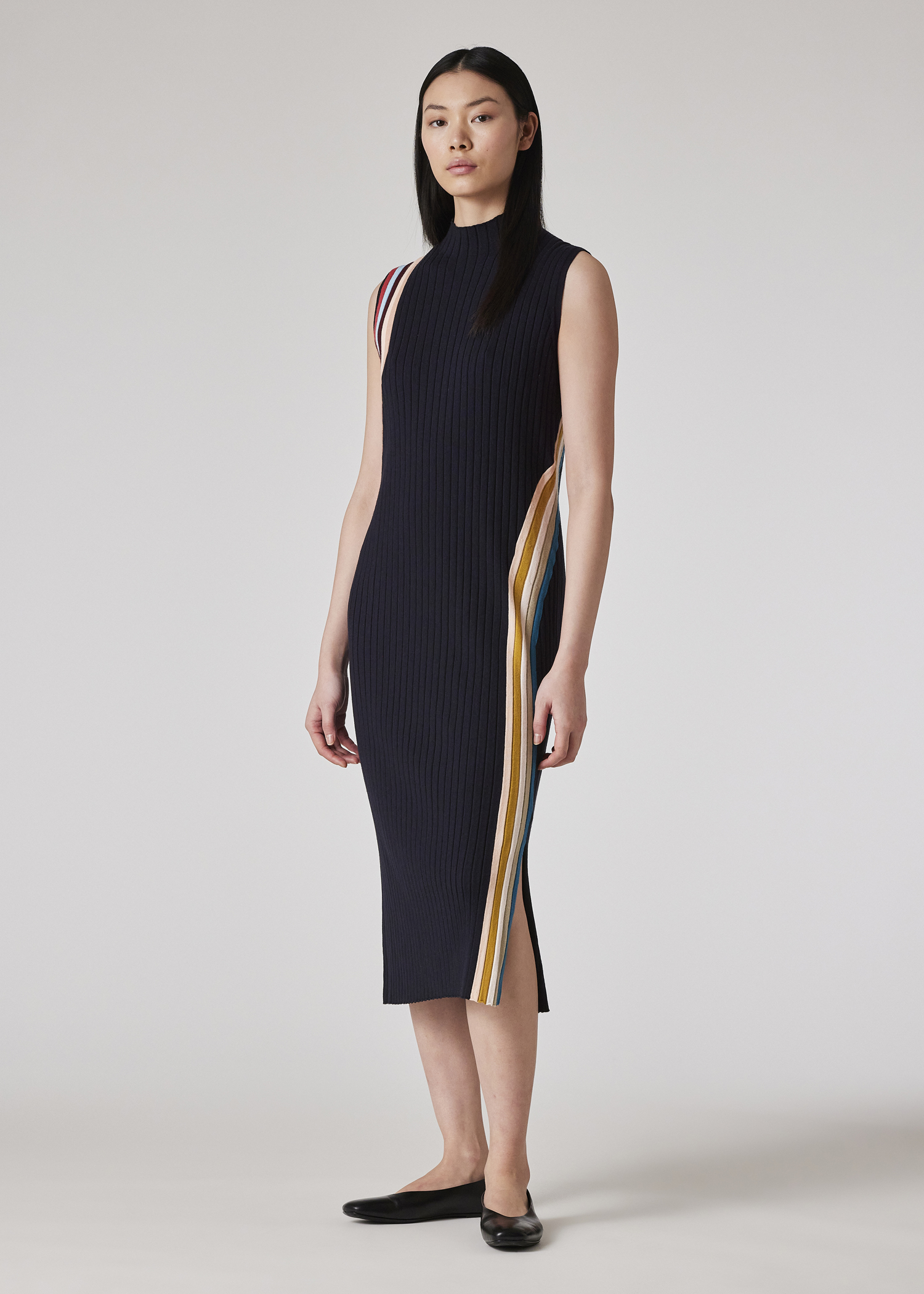 Women's Navy Wool Blend 'Swirl Stripe' Ribbed Midi Dress