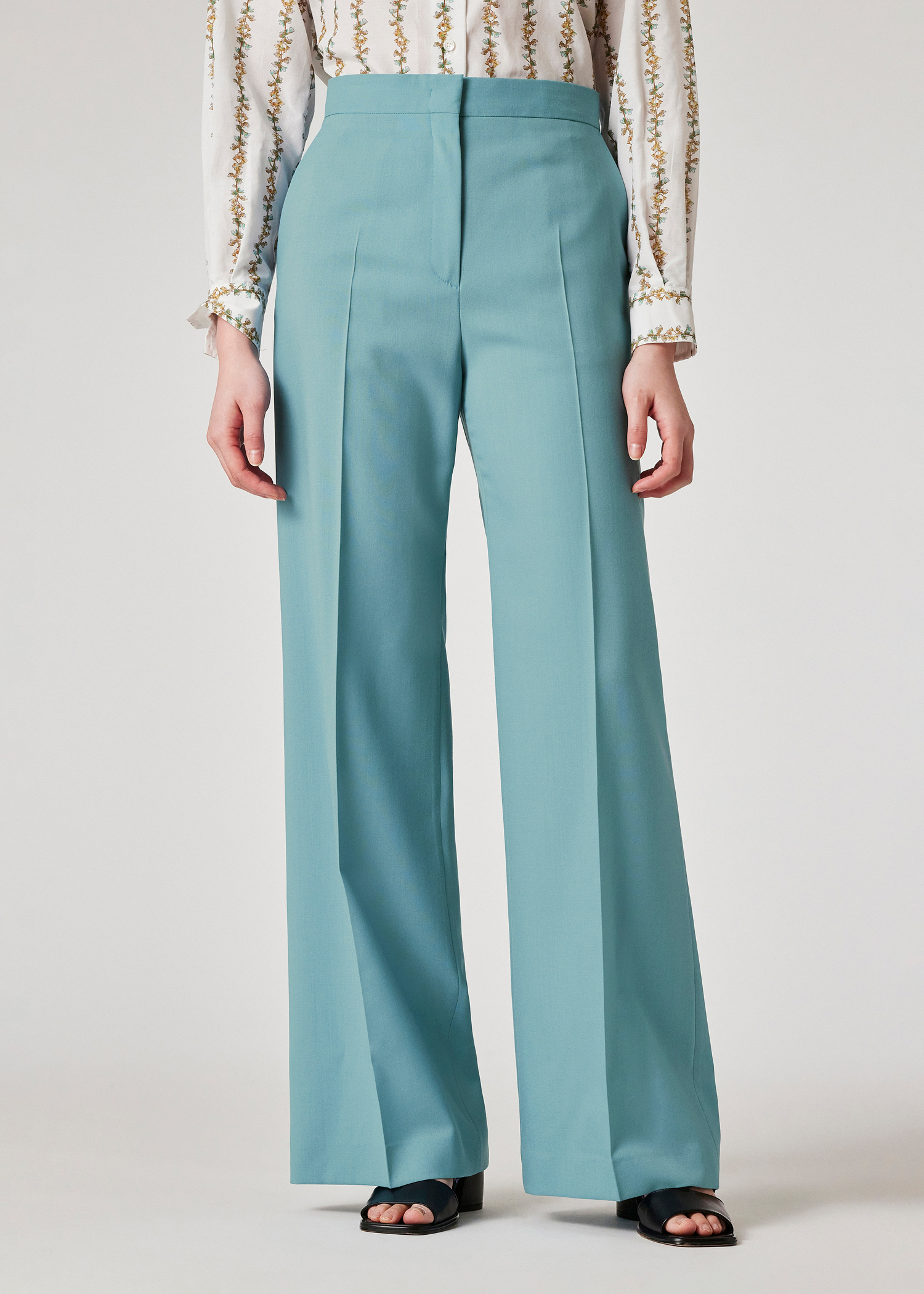 Women's Sea Green Wool Wide-Leg Trousers