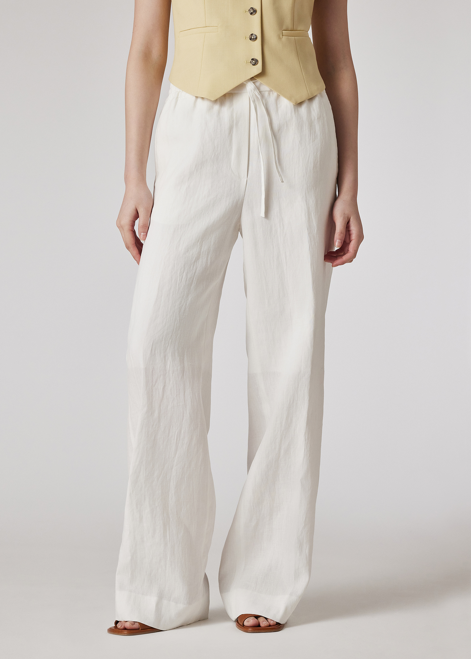 Women's Ivory Linen Wide Leg Drawstring Trousers