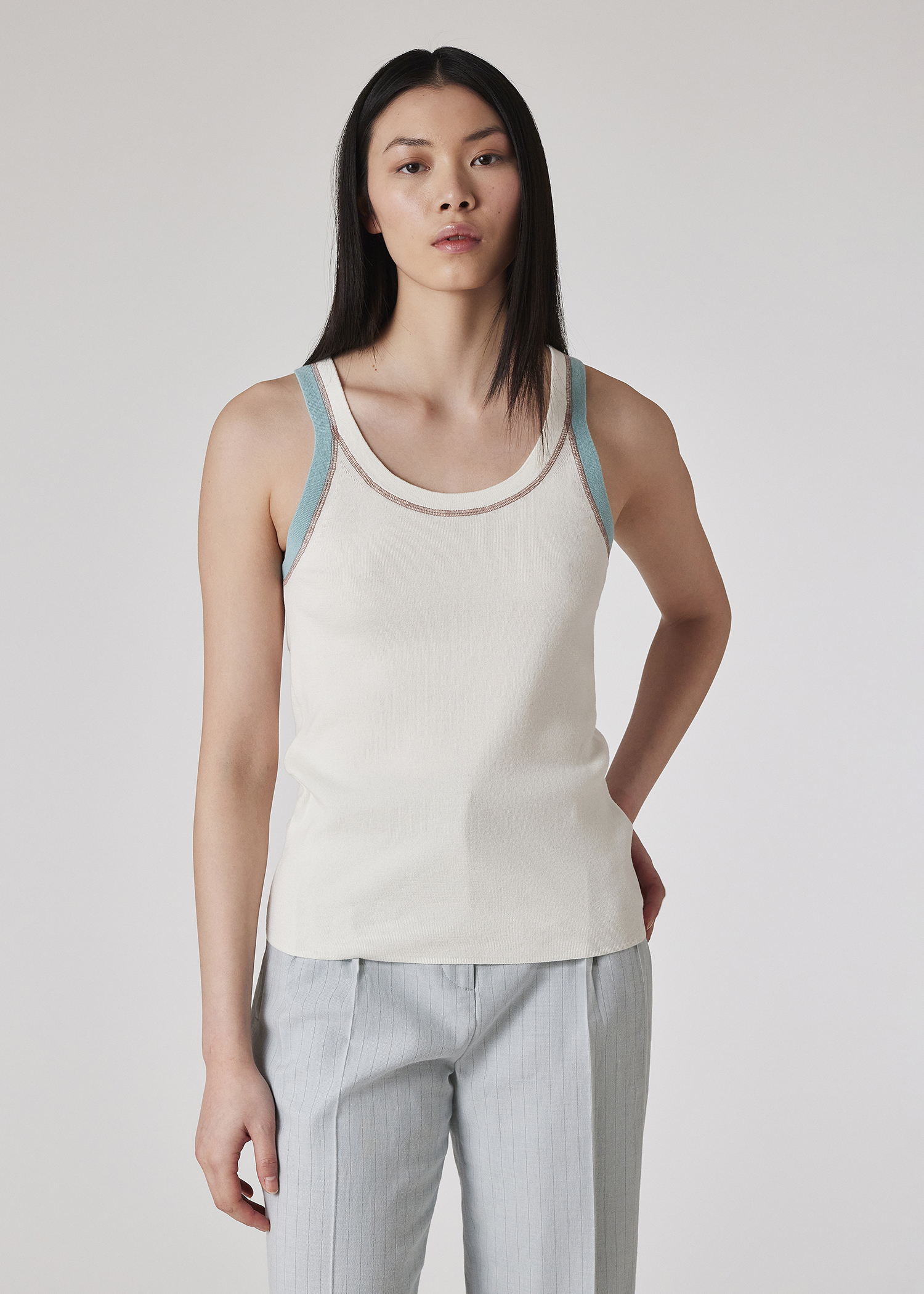 Women's Ivory Cotton Contrast Overlock Knitted Vest