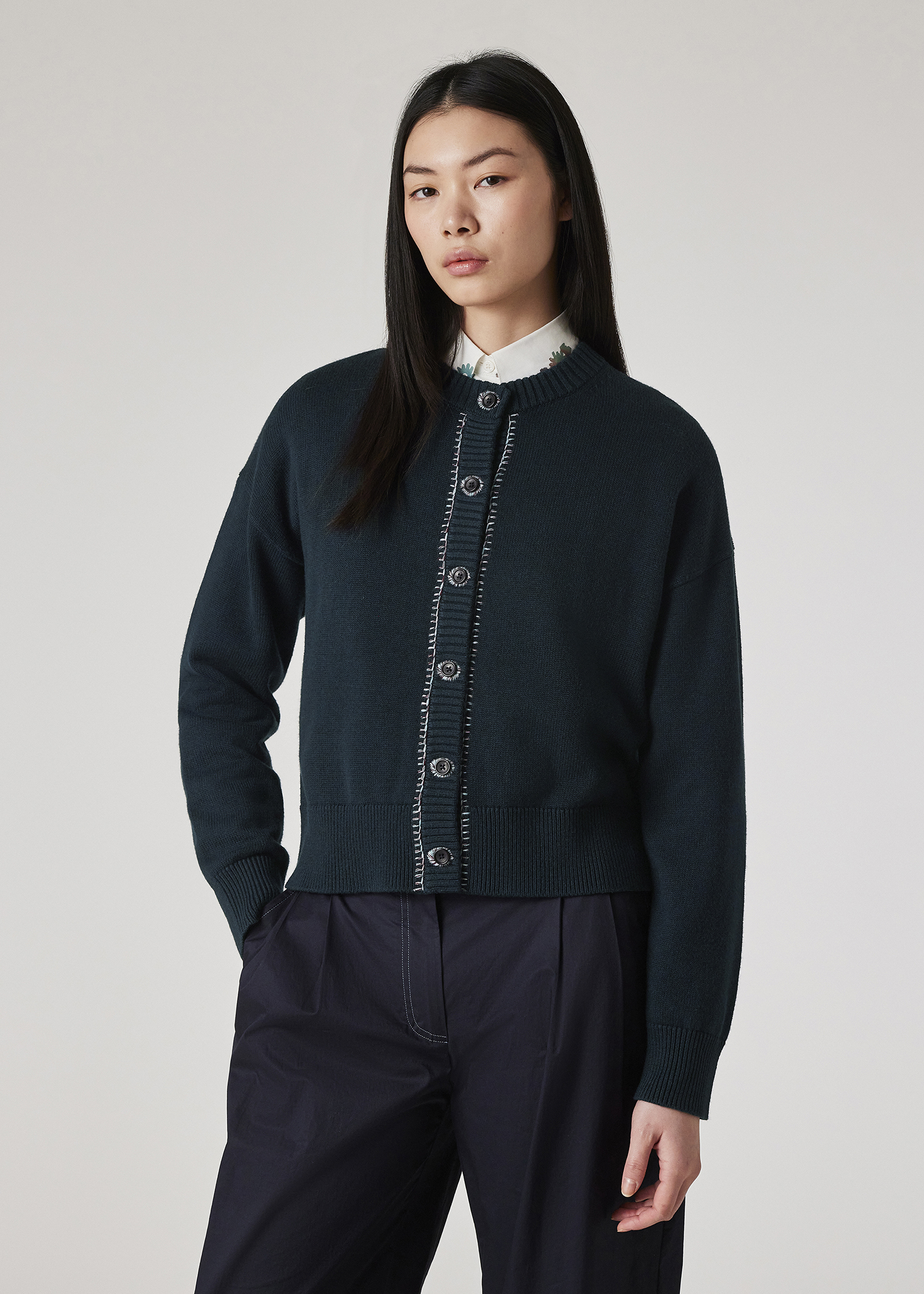 Women's Navy Contrast-Stitched Placket Knitted Merino Cardigan