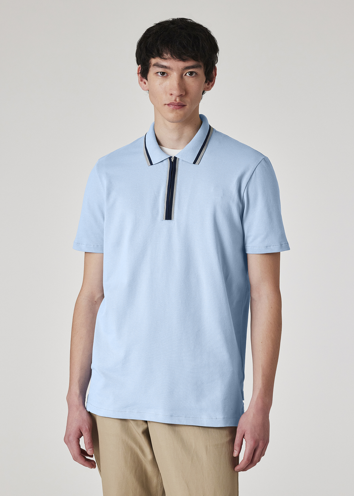 Men's Organic Cotton Light Blue Zip-Neck Polo Shirt