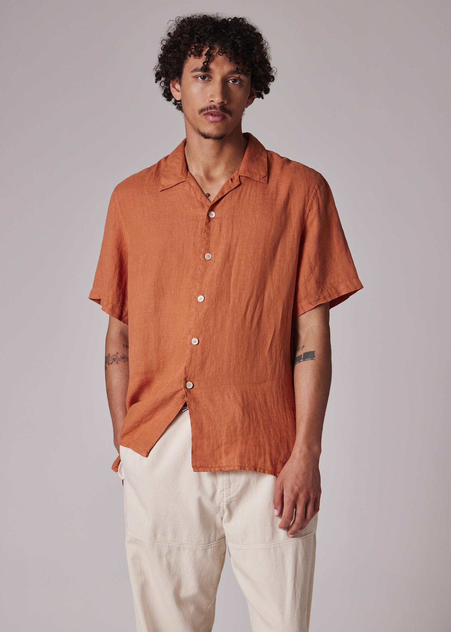 Men's Washed Orange Linen Short-Sleeve Shirt