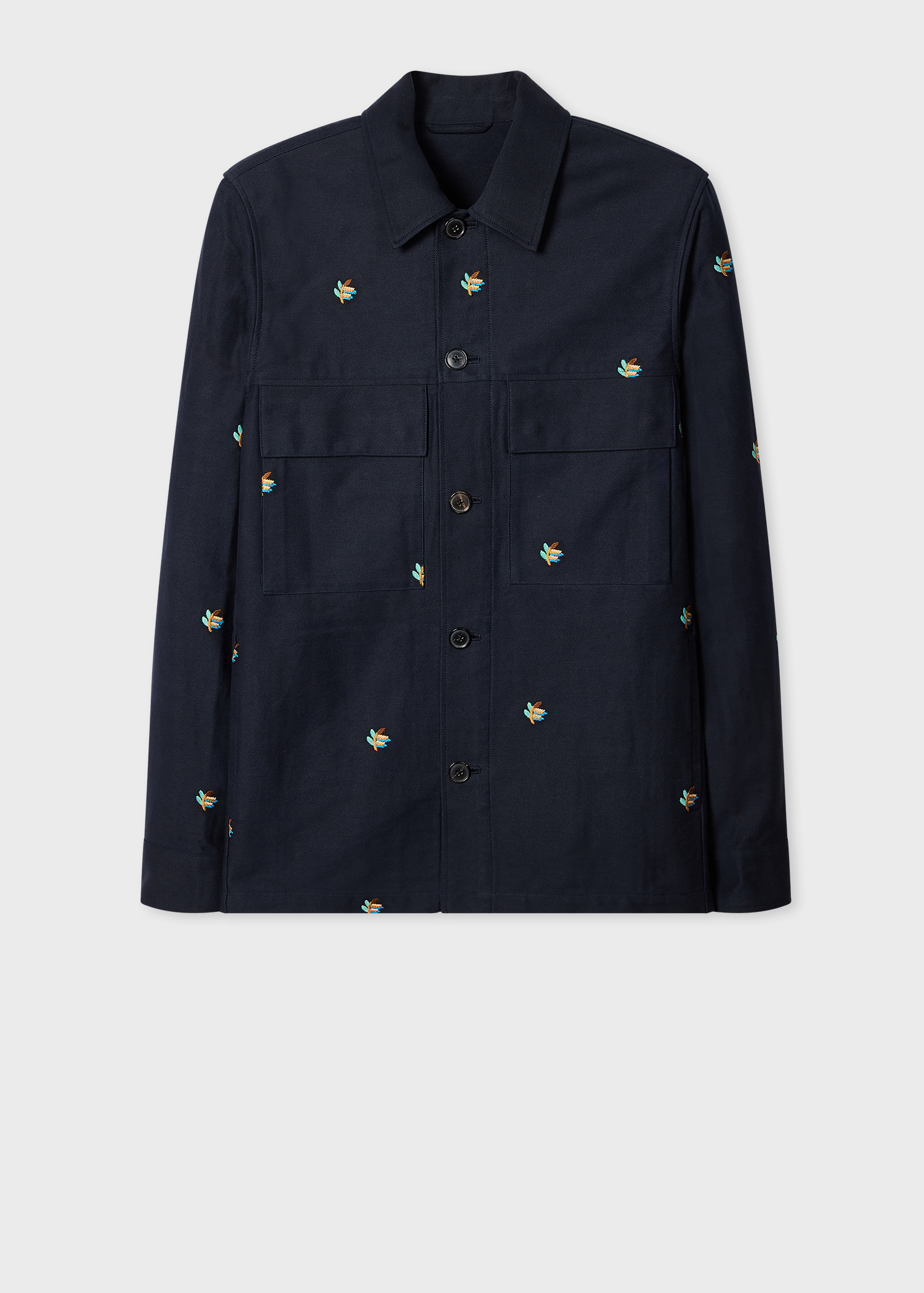 Men's Navy Embroidered Leaf Cotton Overshirt